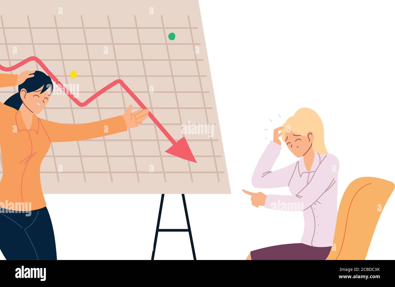 Businesswomen cartoons with headache and decrease arrow on board design, business and management ...