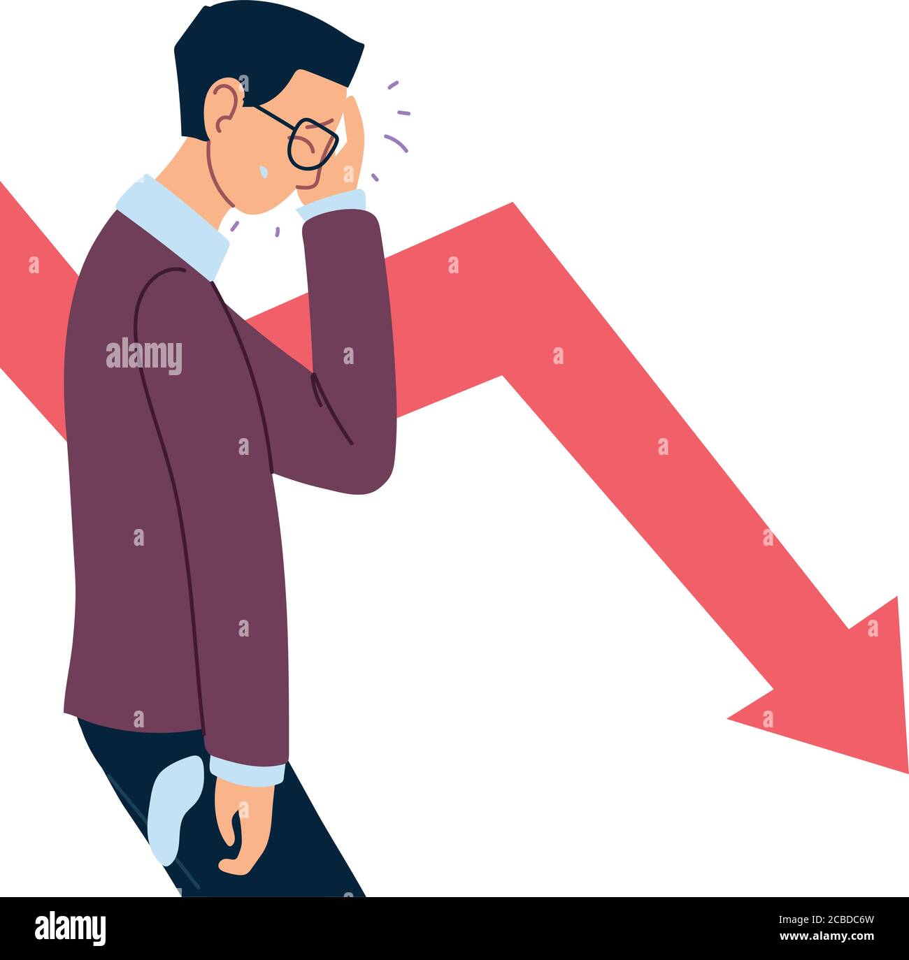 Businessman cartoon with headache and decrease arrow design, business ...