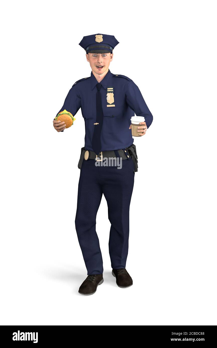 A smiling policeman stands with a hamburger and coffee in his hands and ...