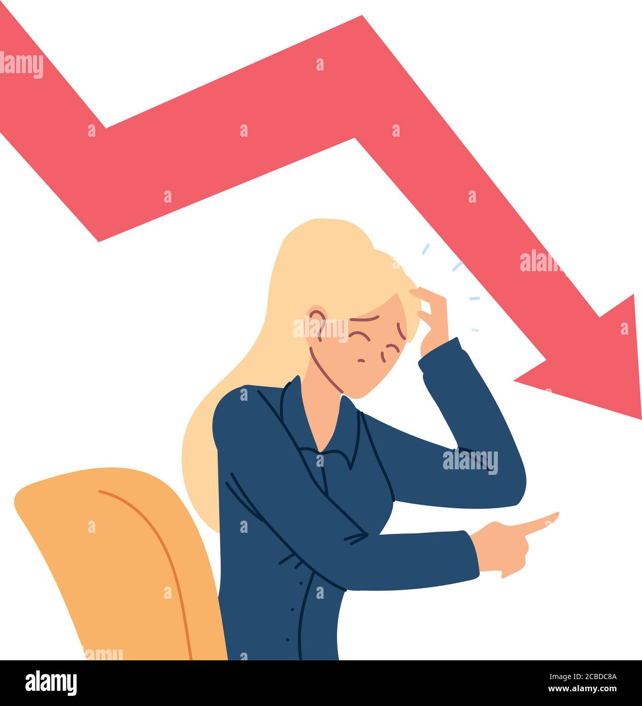 Businesswoman cartoon with headache on chair and decrease arrow design, business and management ...