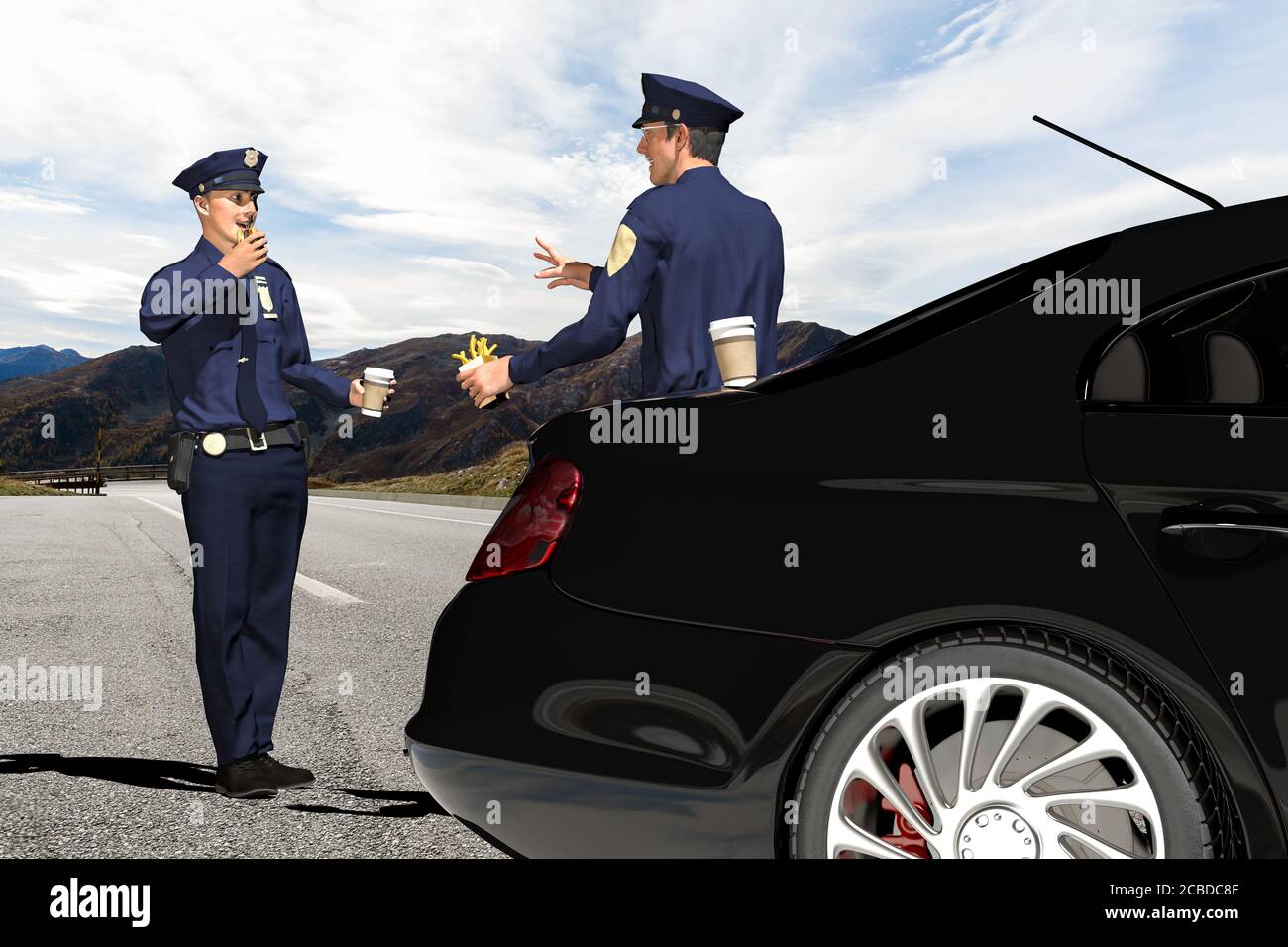 Two policeman friends during lunch break - standing next to car on the ...