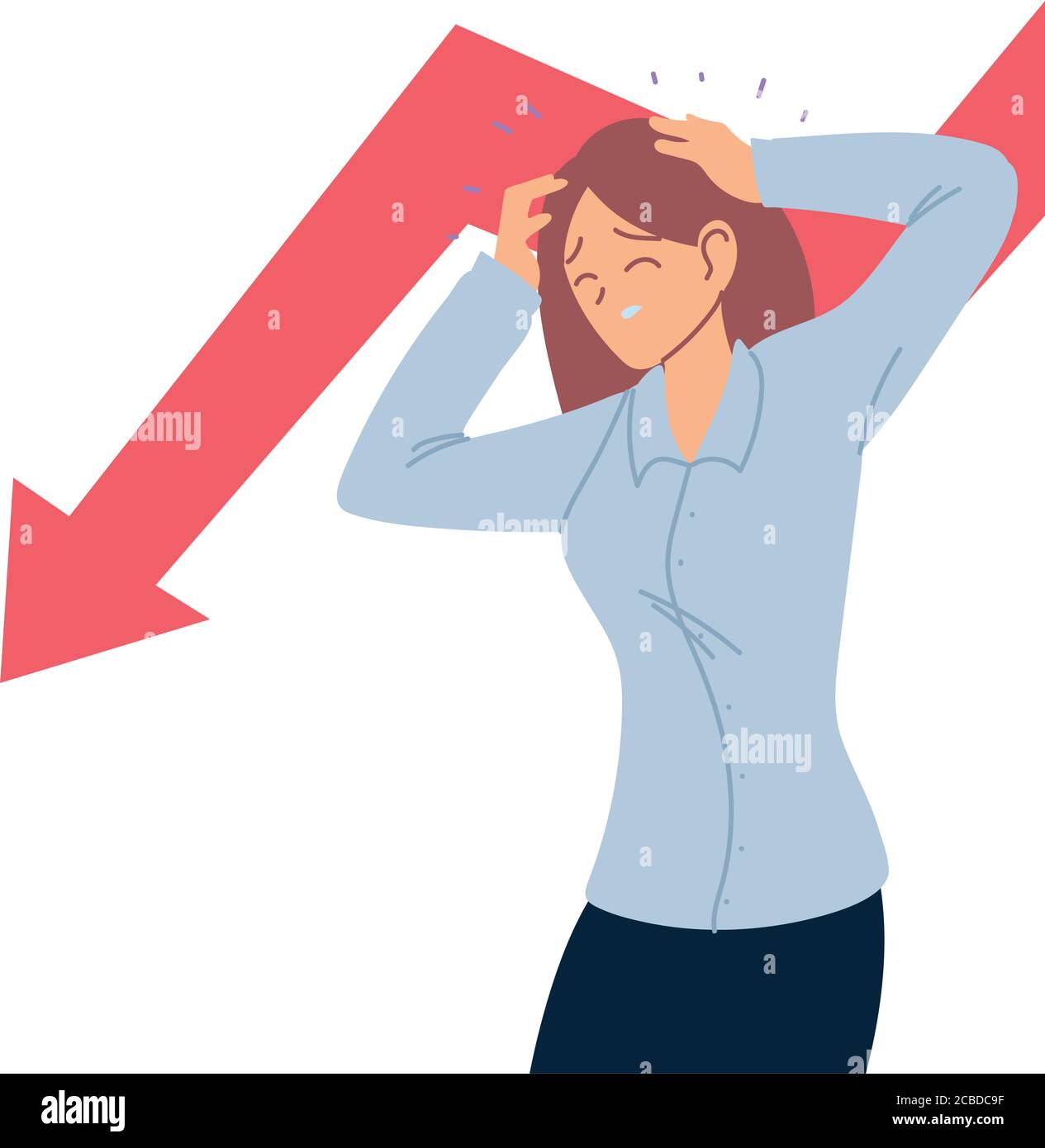 Businesswoman cartoon with headache and decrease arrow design, business and management theme ...