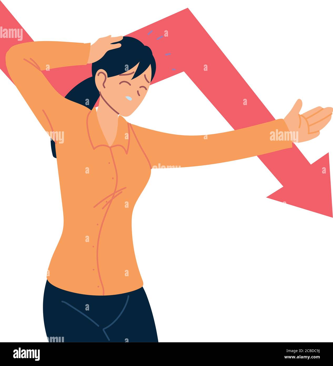 Businesswoman cartoon with headache and decrease arrow design, business and management theme ...