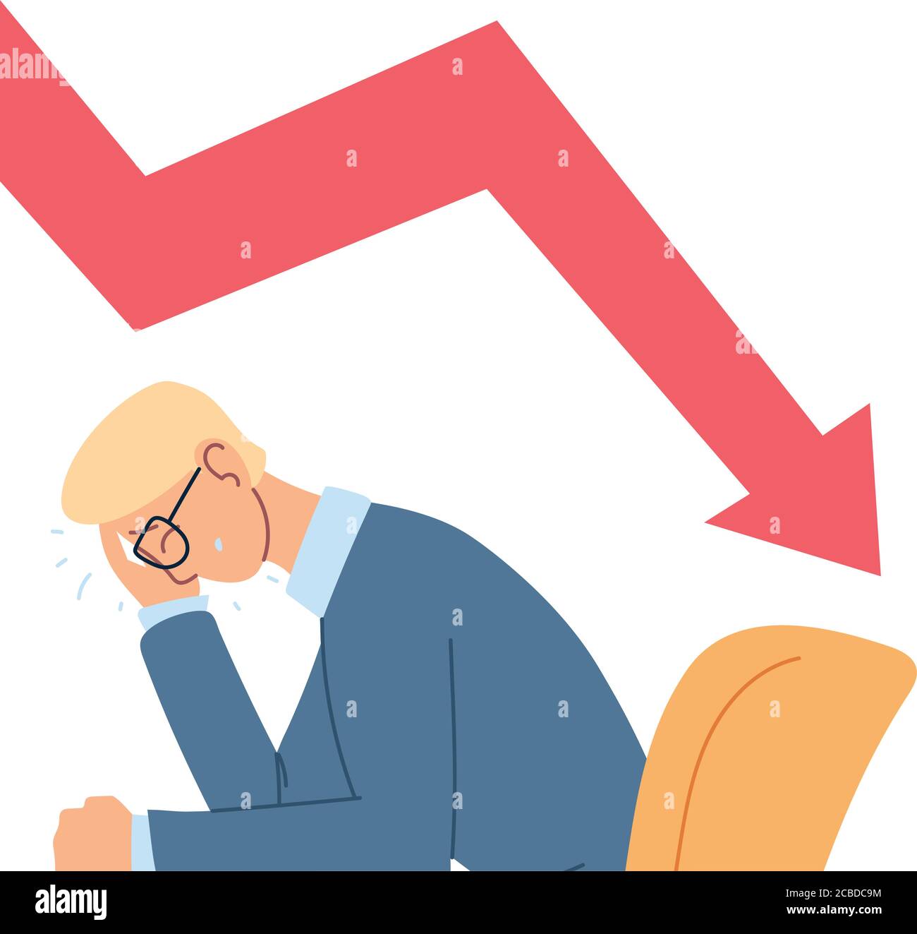 Businessman cartoon with headache on chair and decrease arrow design ...