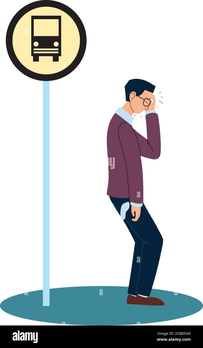 Businessman cartoon with headache on bus station design, business and ...