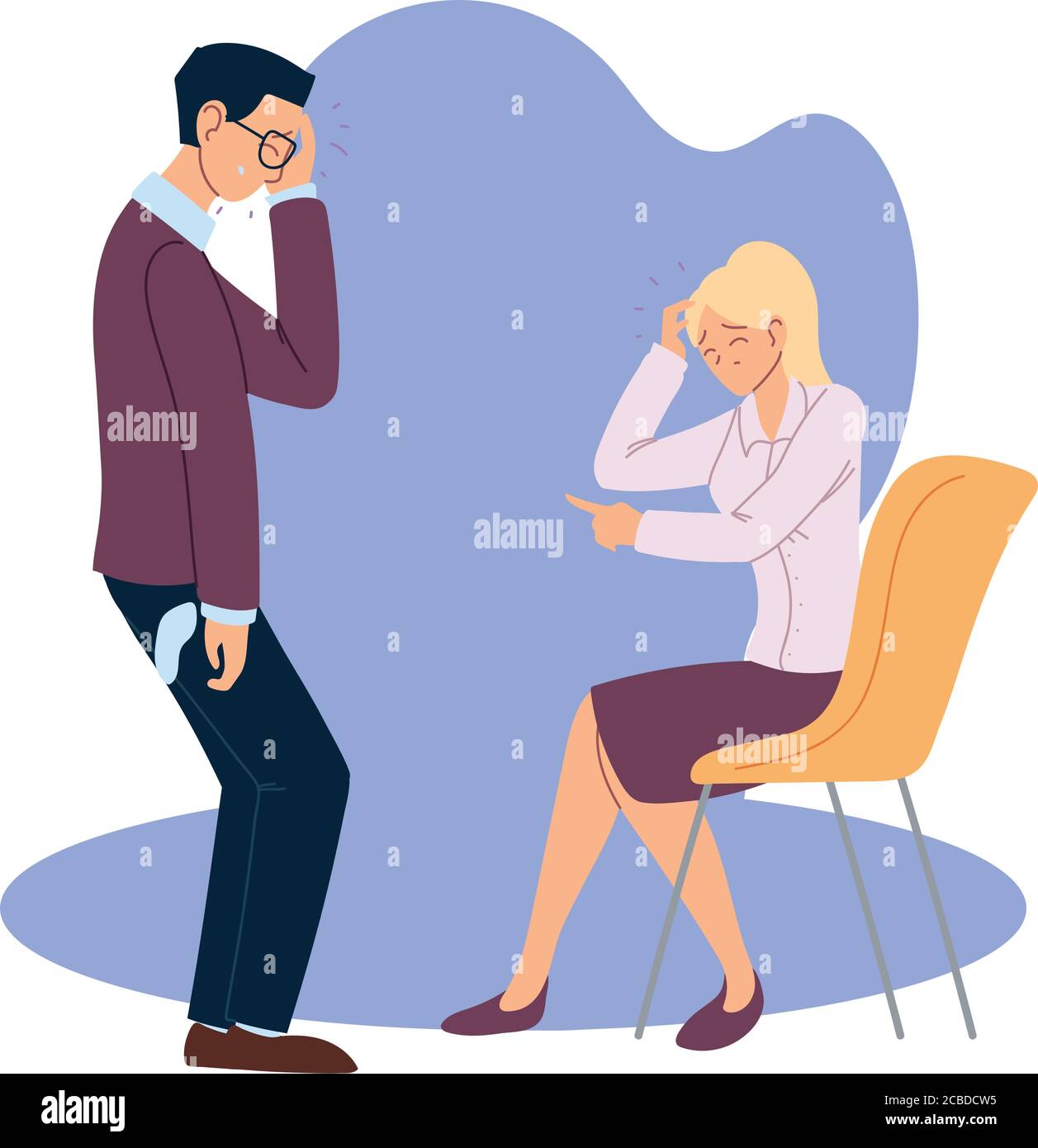 Businessman and businesswoman cartoons with headache on chair design ...