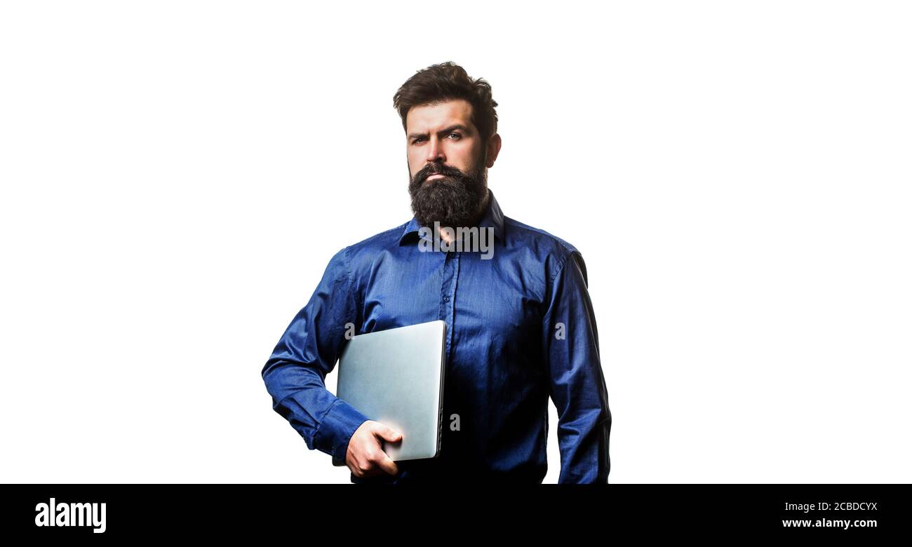 Young businessman using his laptop, pc. Holding laptop computer ...