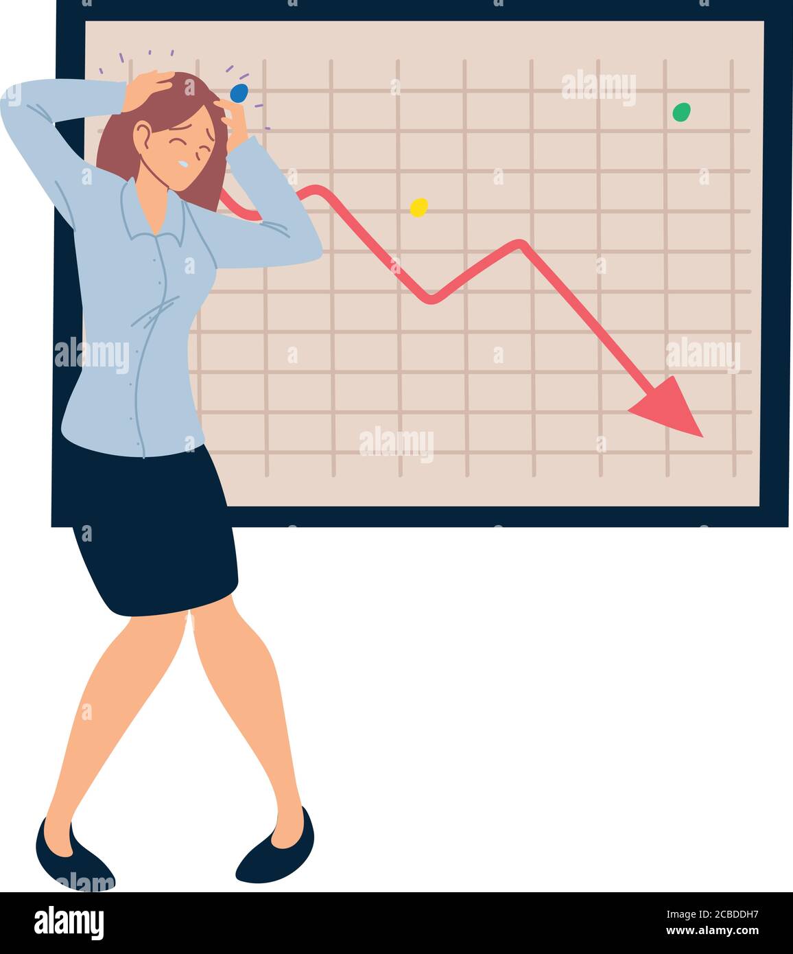 Businesswoman cartoon with headache and decrease arrow on board design, business and management ...