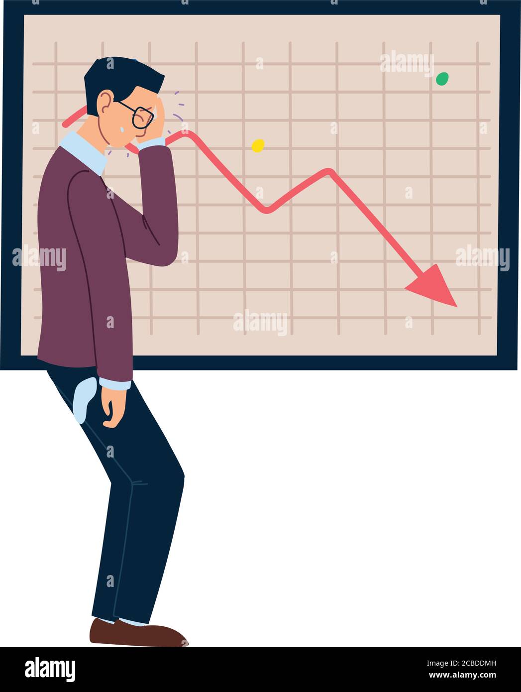 Businessman cartoon with headache with decrease arrow on board design, business and management ...