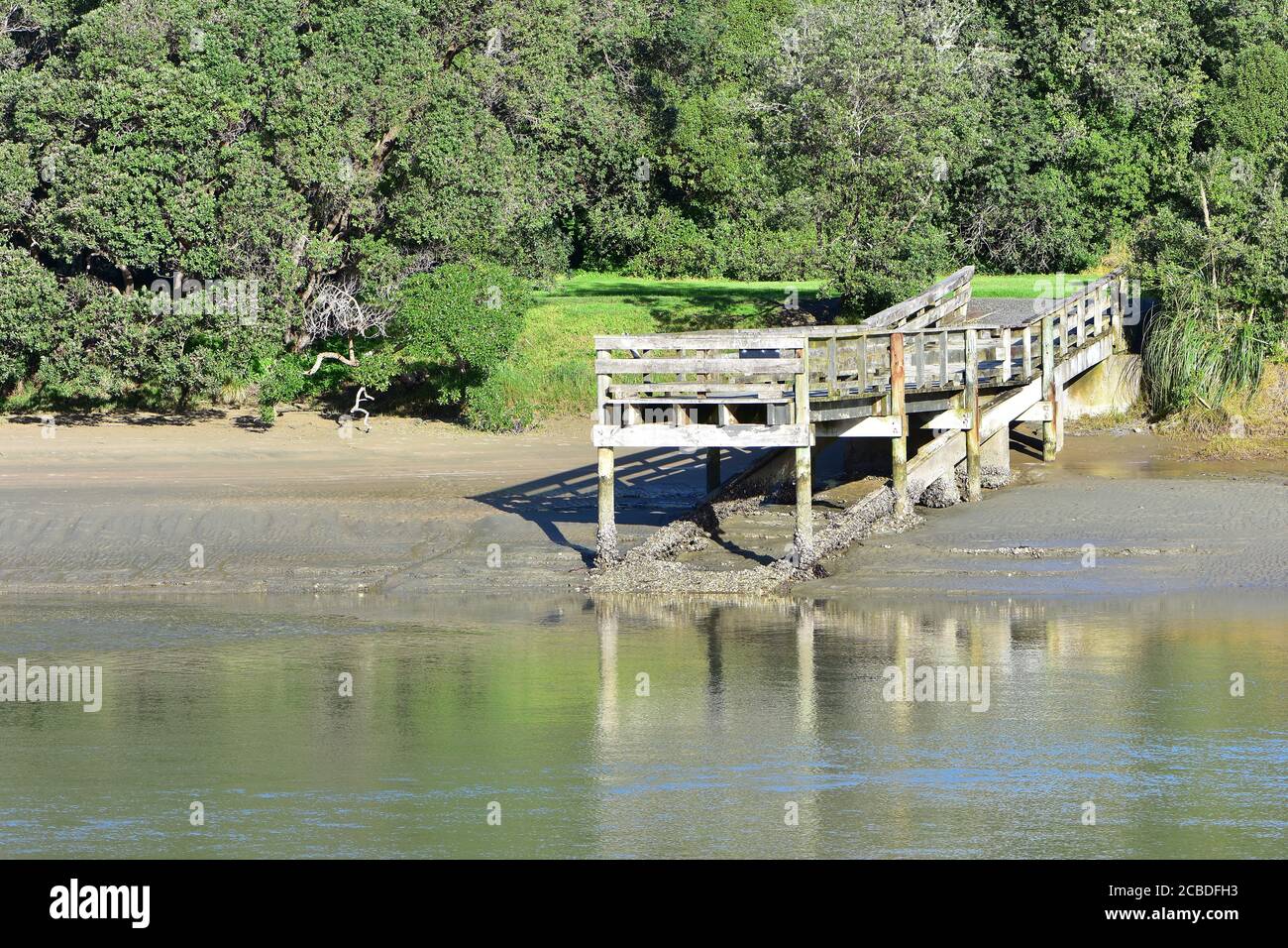 Small wooden jetty with legs covered with oyster shells on shore of ...