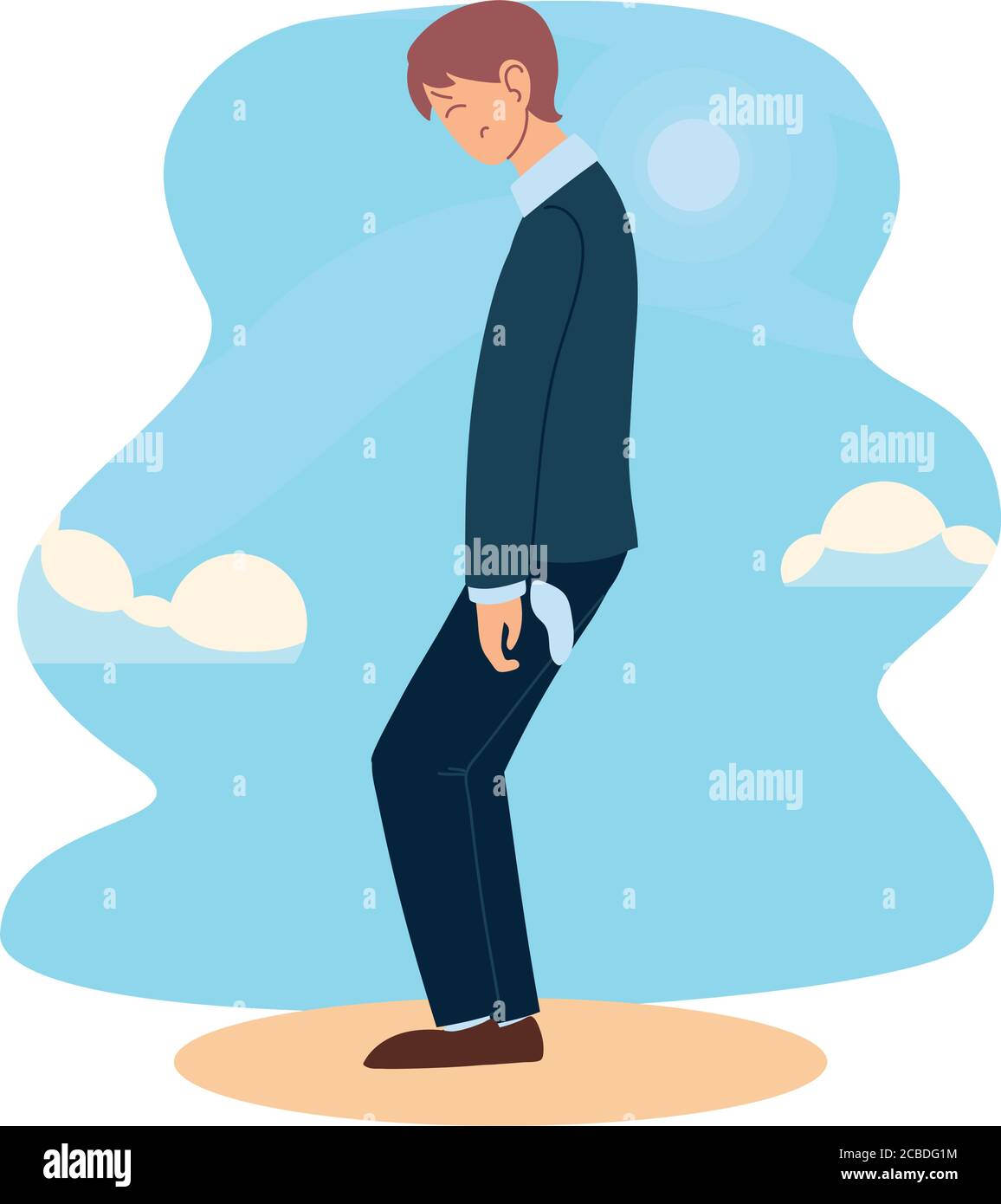 Businessman cartoon with headache in front of clouds and sun design ...