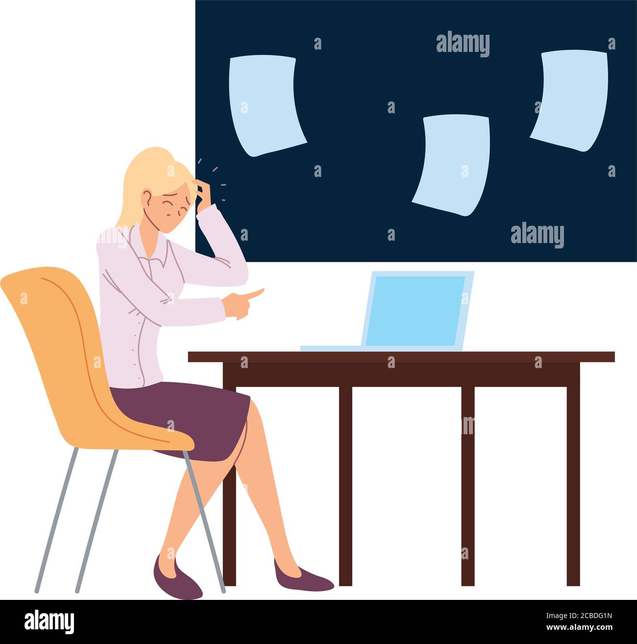 Businesswoman cartoon with headache on chair and desk design, business ...