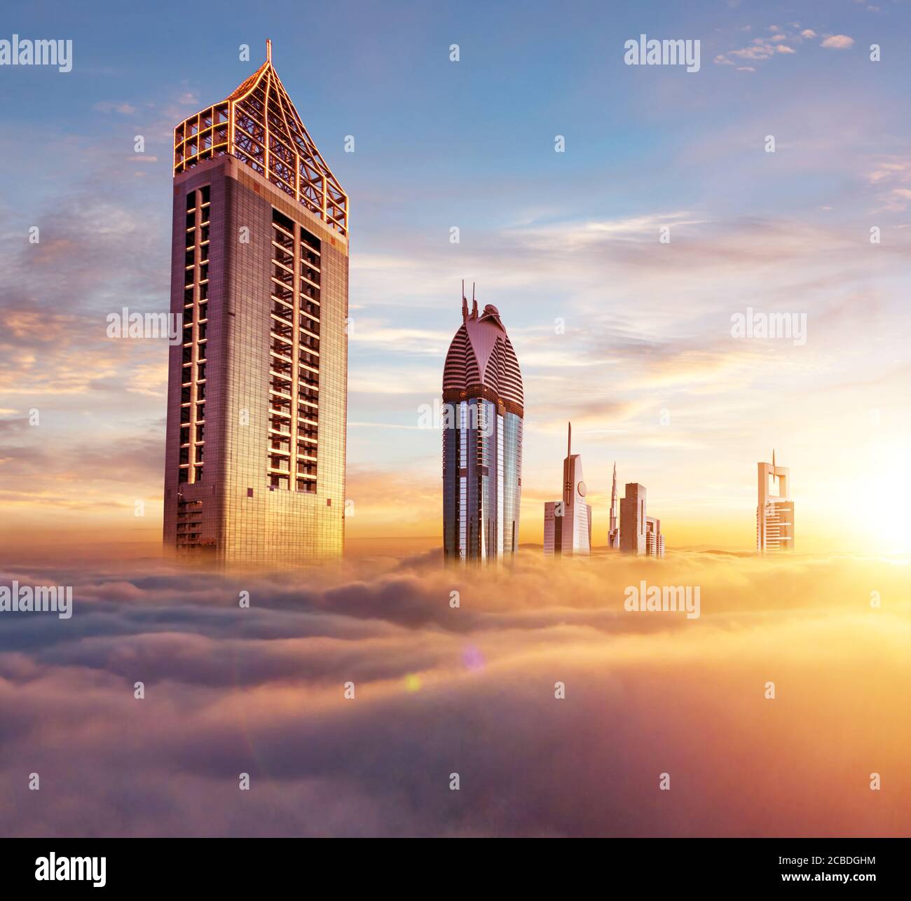 Dubai sunset panoramic view of downtown covered with clouds. Dubai is ...