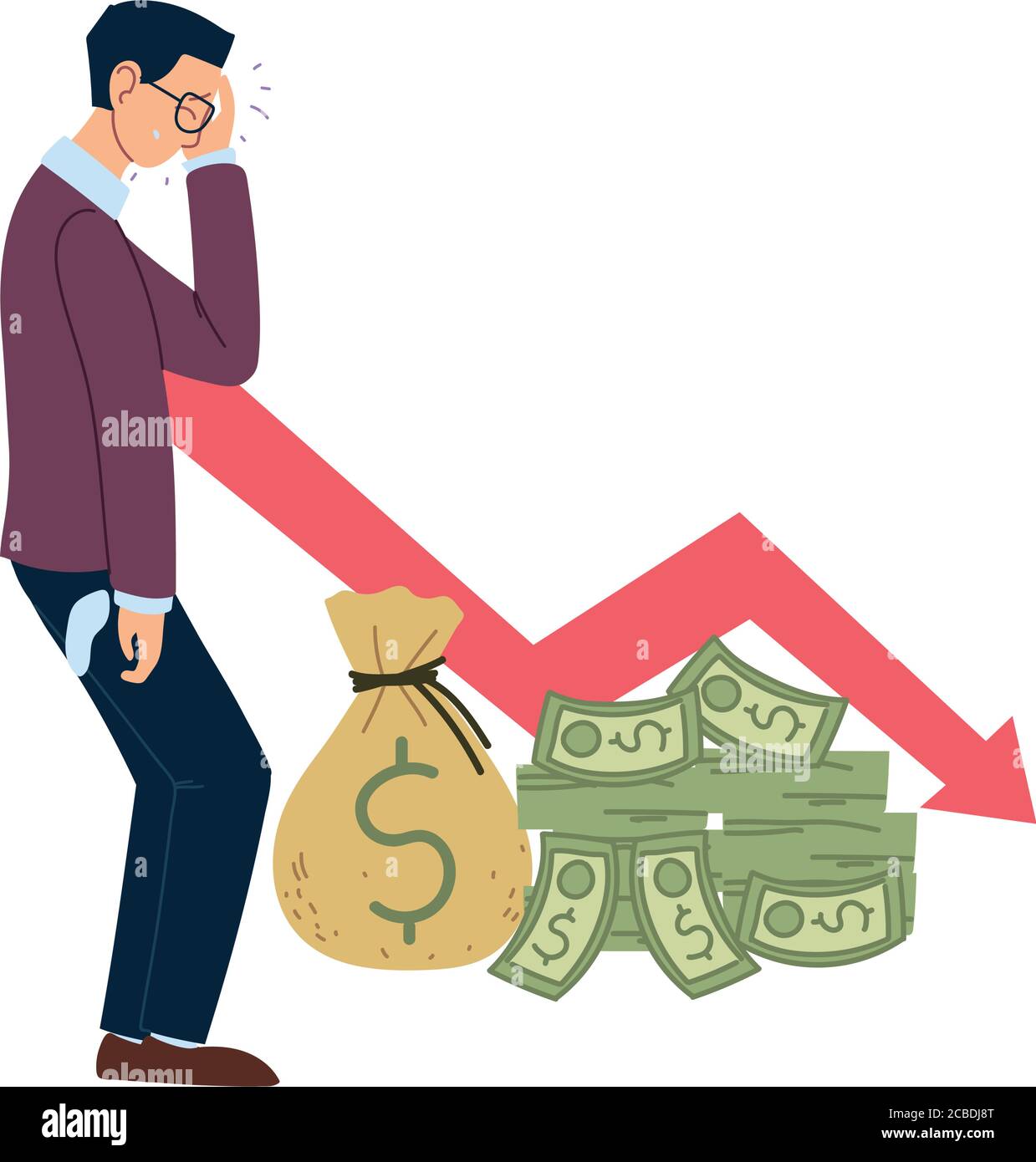 Businessman cartoon with headache money and decrease arrow design, business and management theme ...