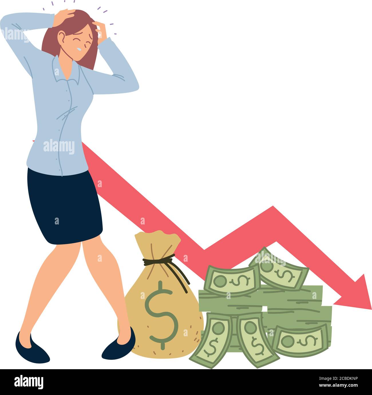 Businesswoman cartoon with headache decrease arrow and money design ...