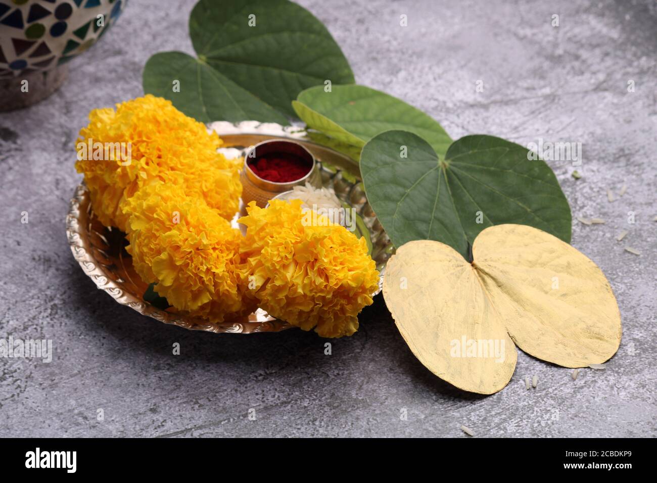 Dussehra or Vijaya dashami greeting card. Green leaf golden, colord ...