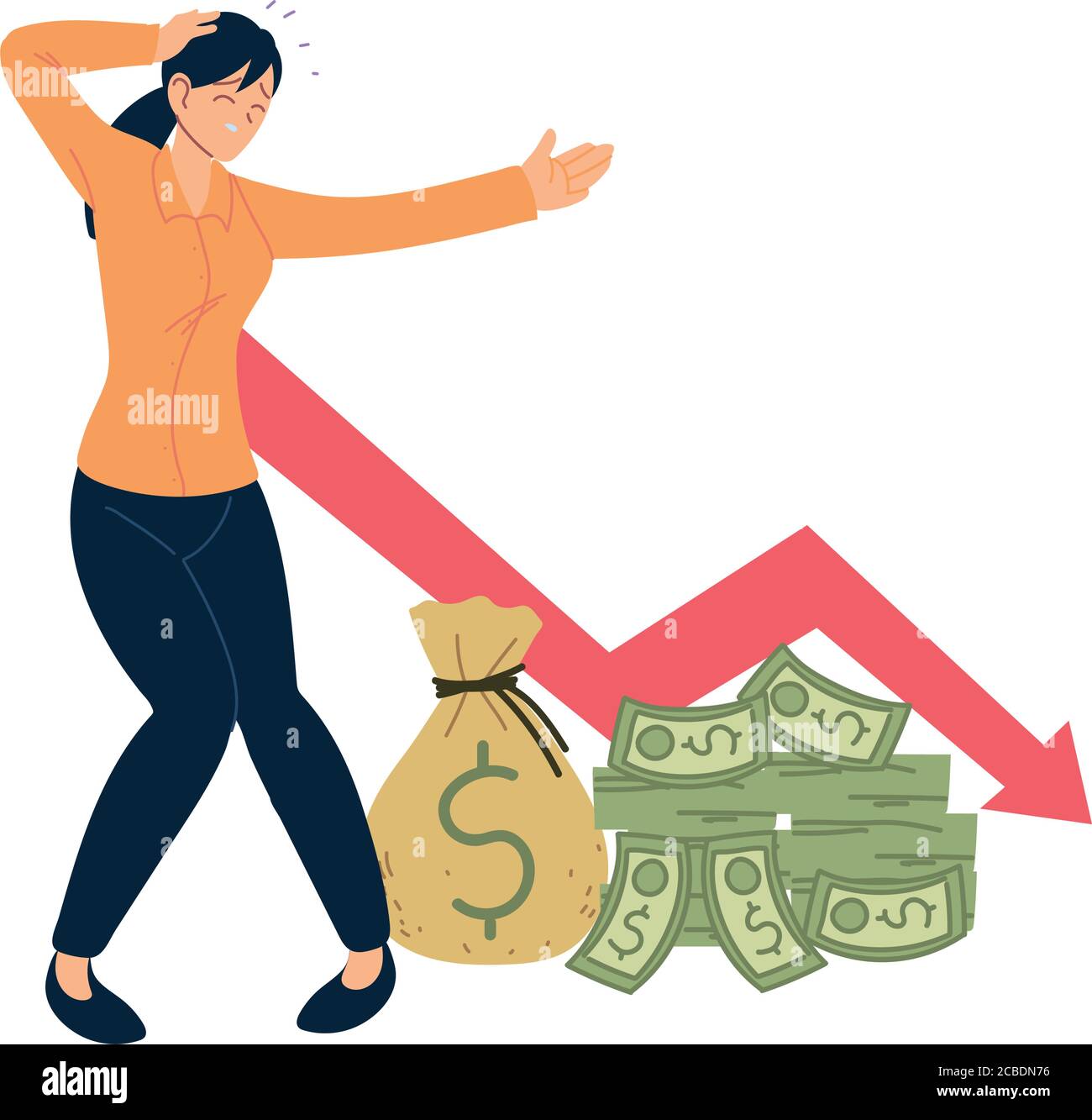 Businesswoman cartoon with headache decrease arrow and money design, business and management ...