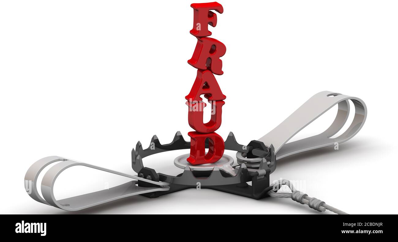 Dangerous fraud. Red word FRAUD in a trap on a white surface. 3D ...
