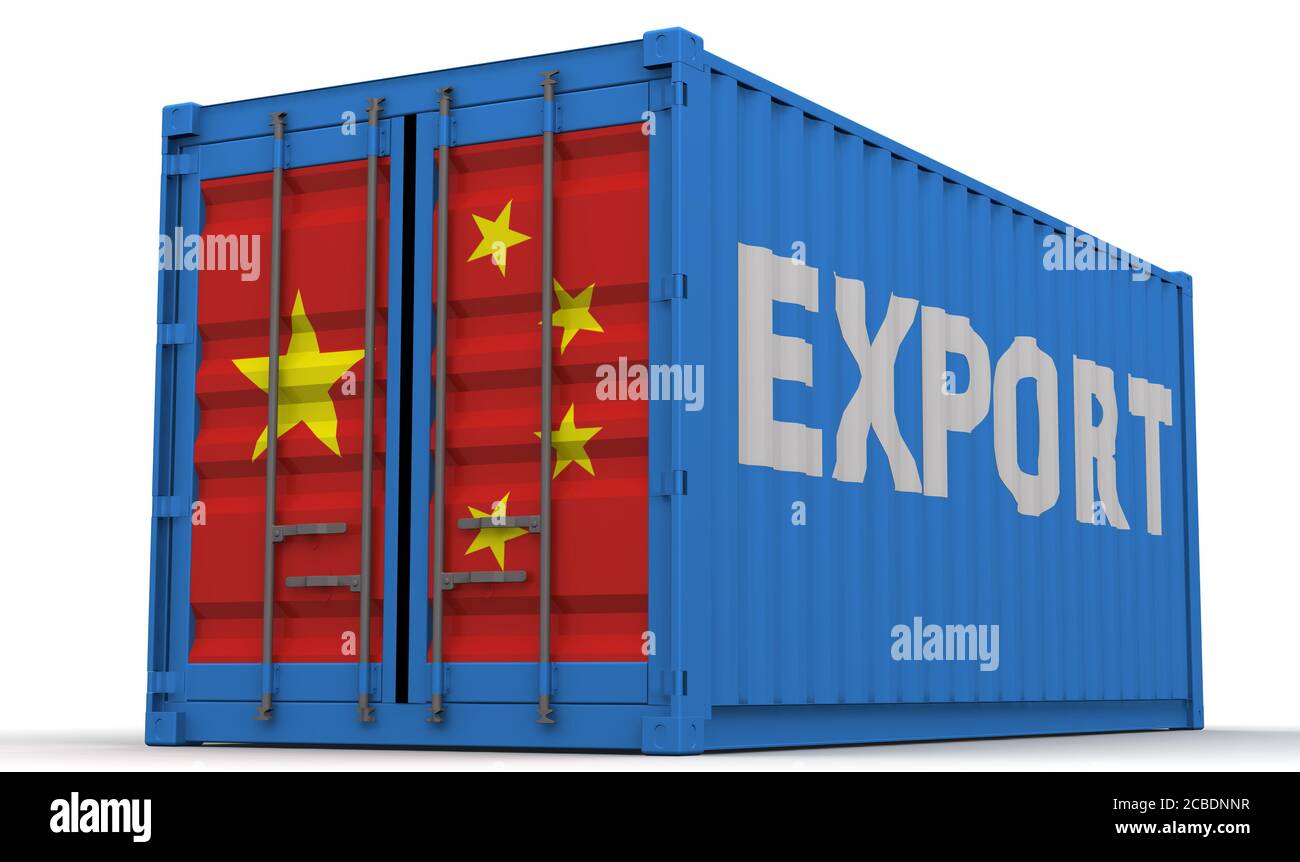 Chinese exports. Freight container on a white surface with word EXPORT ...