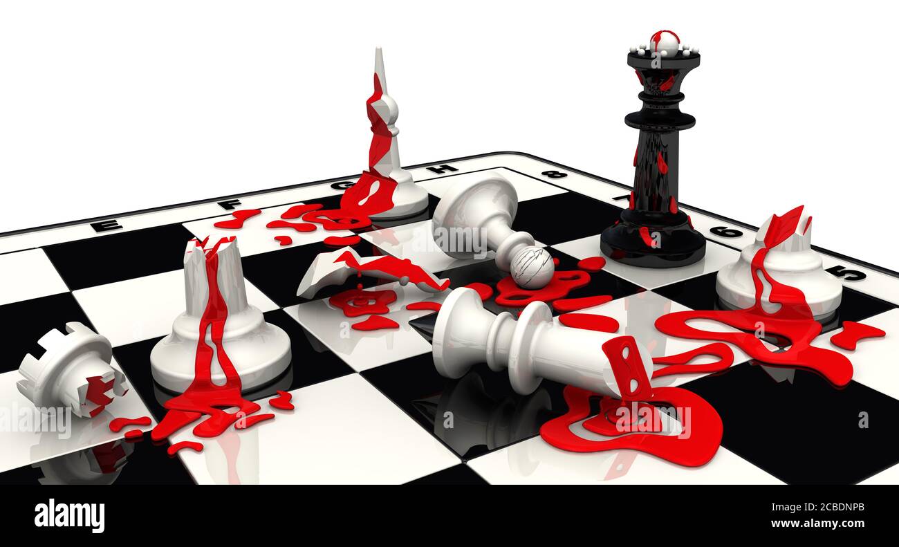 Chess battle. Chess board with white chess pieces killed and one live ...