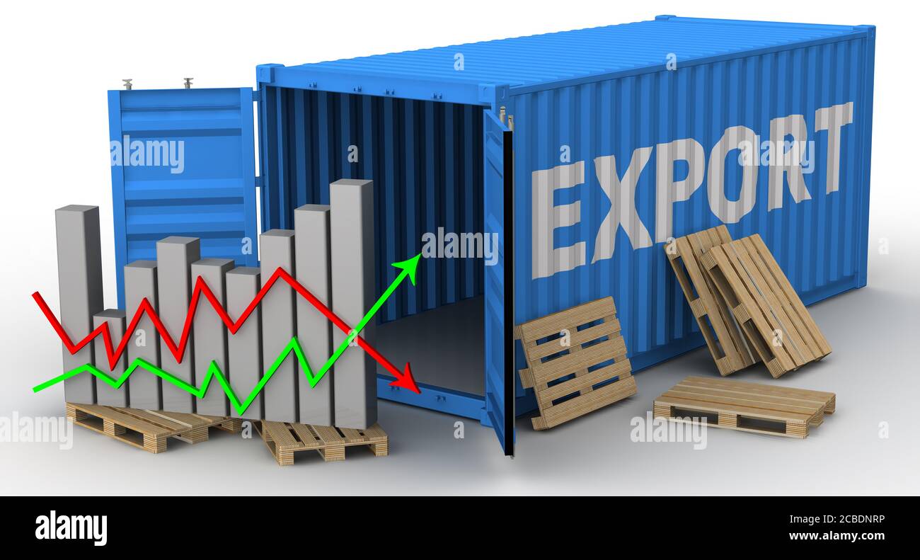 The change of volume of export. The open cargo container with word ...