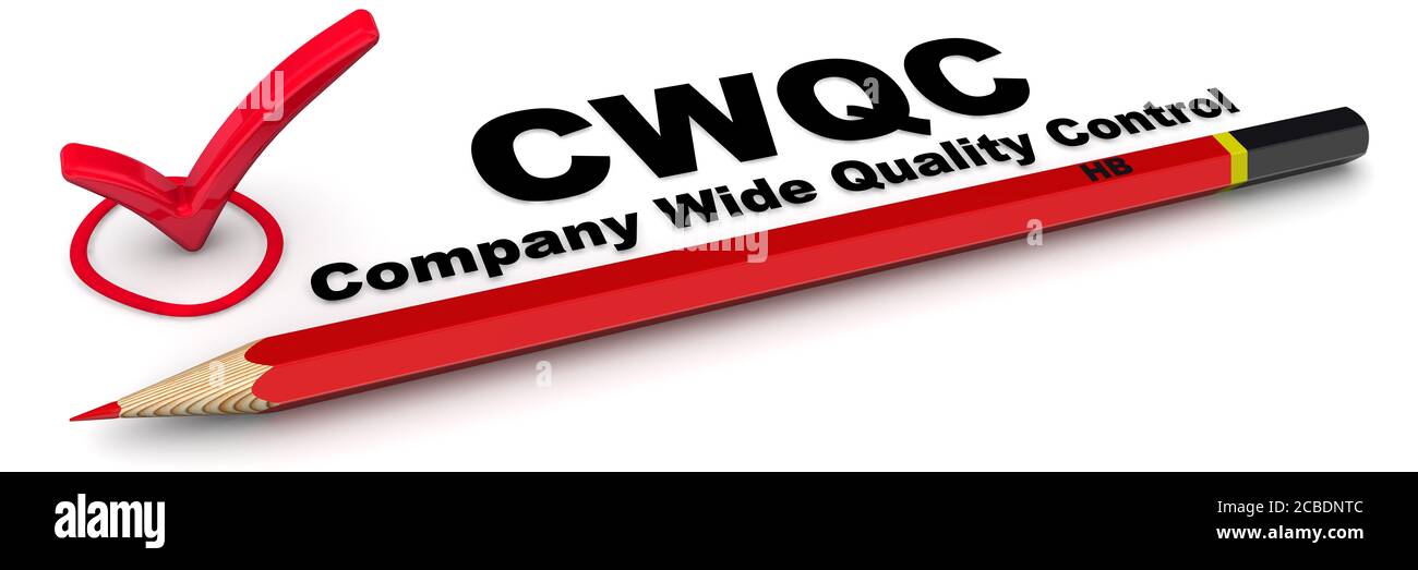 The check mark CWQC. Company Wide Quality Control. Red pencil and check ...