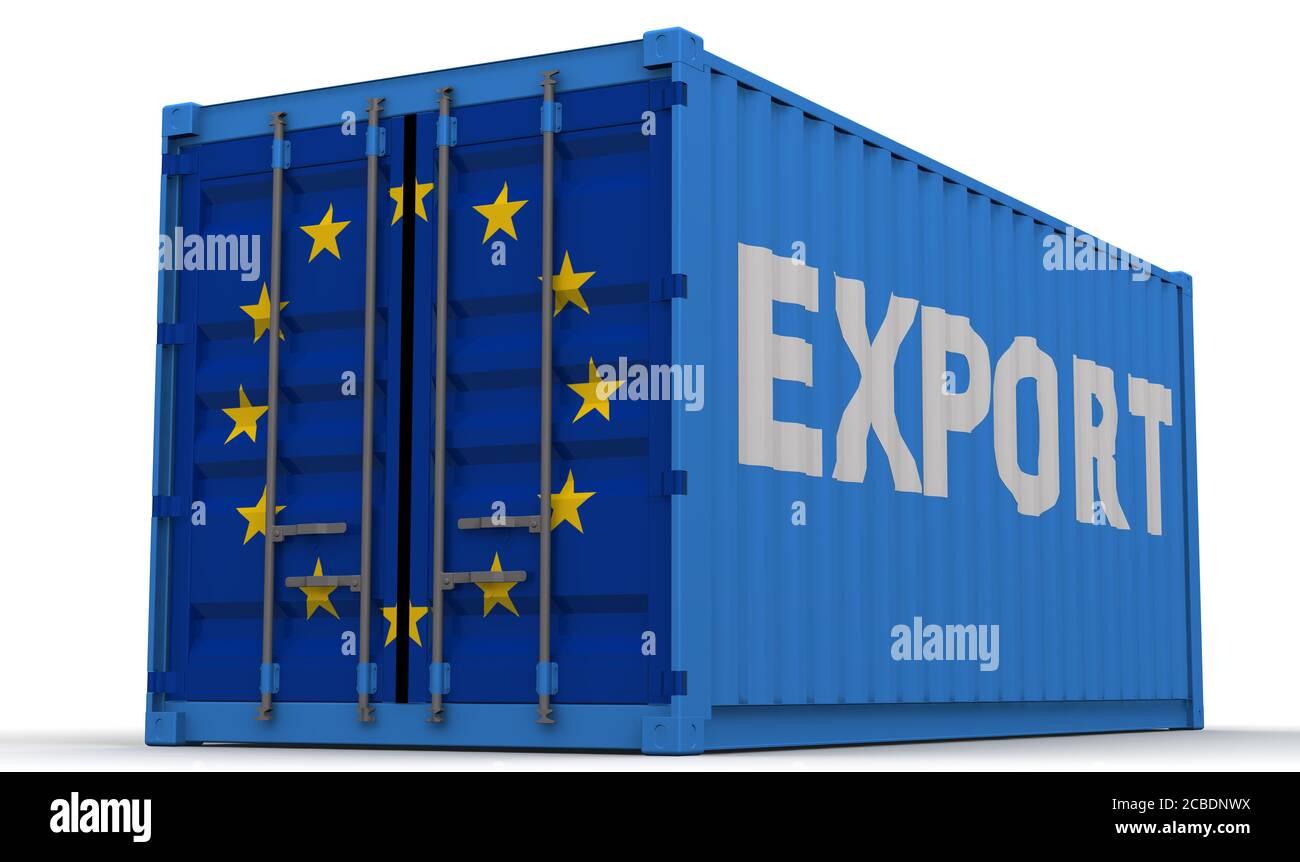 Exports of the European Union. Freight container on a white surface ...