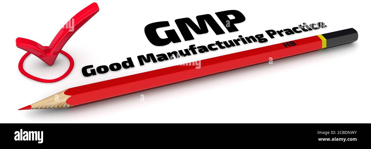 The check mark GMP. Good Manufacturing Practice. Red pencil and check ...