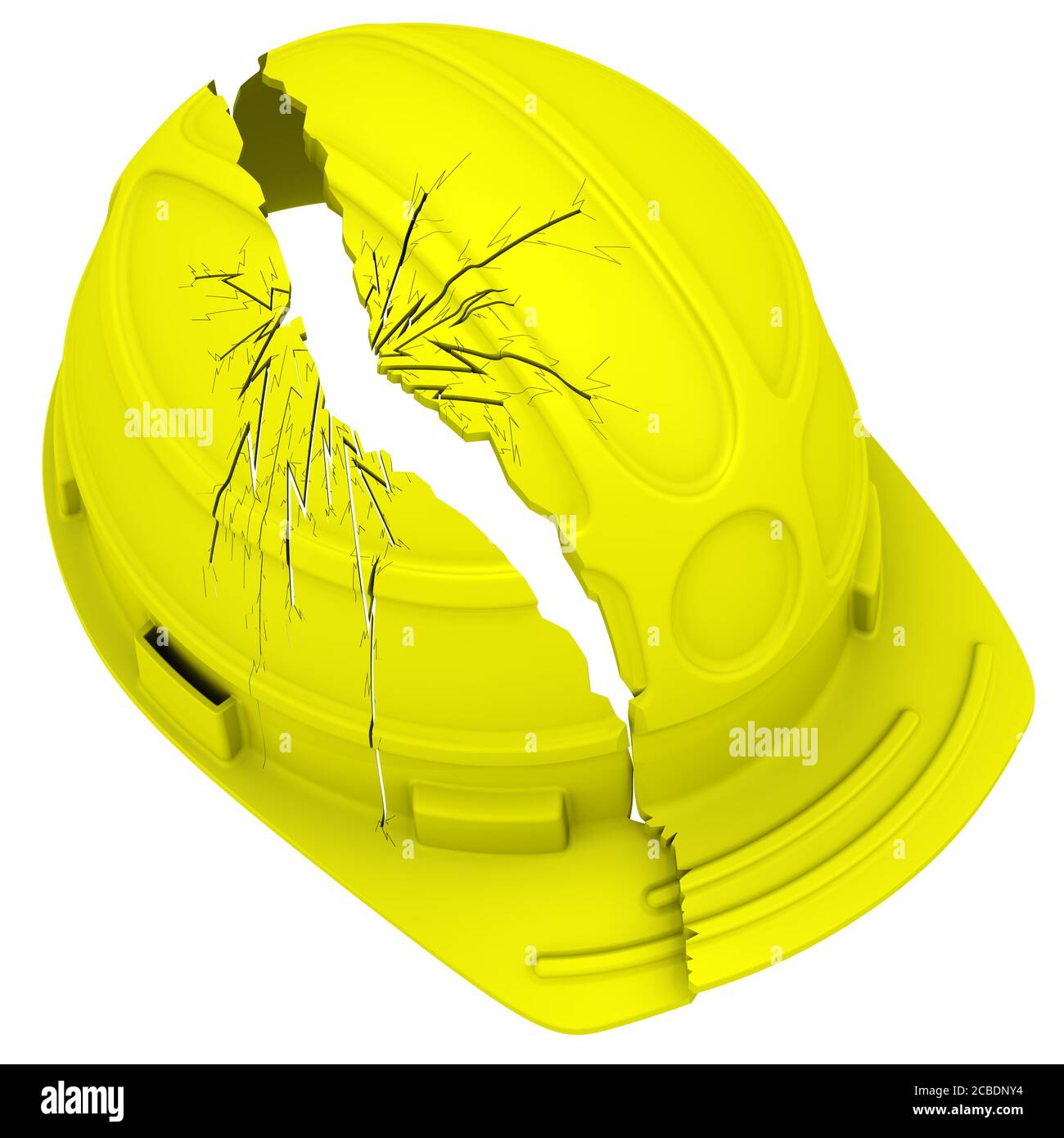 Yellow broken hard hat isolated on white background. 3D illustration ...