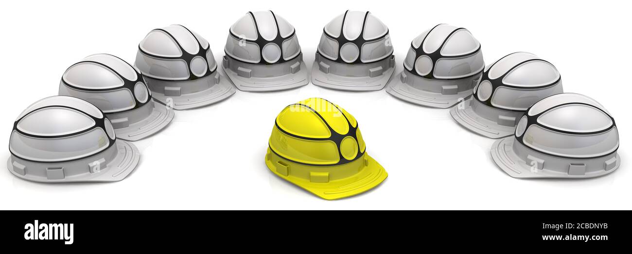 Leadership concept with construction helmets. White helmets are located ...