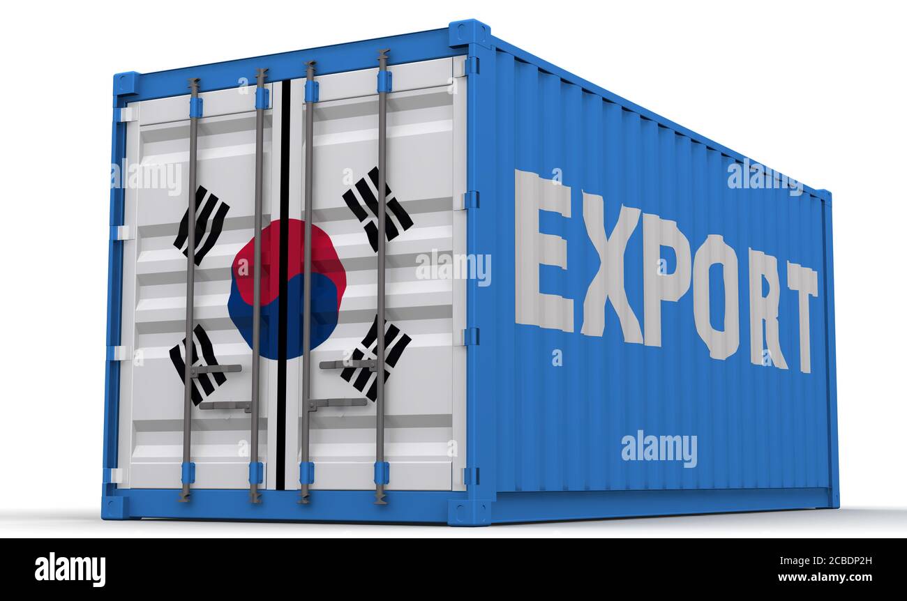 Export of South Korea. Freight container on a white surface with word ...