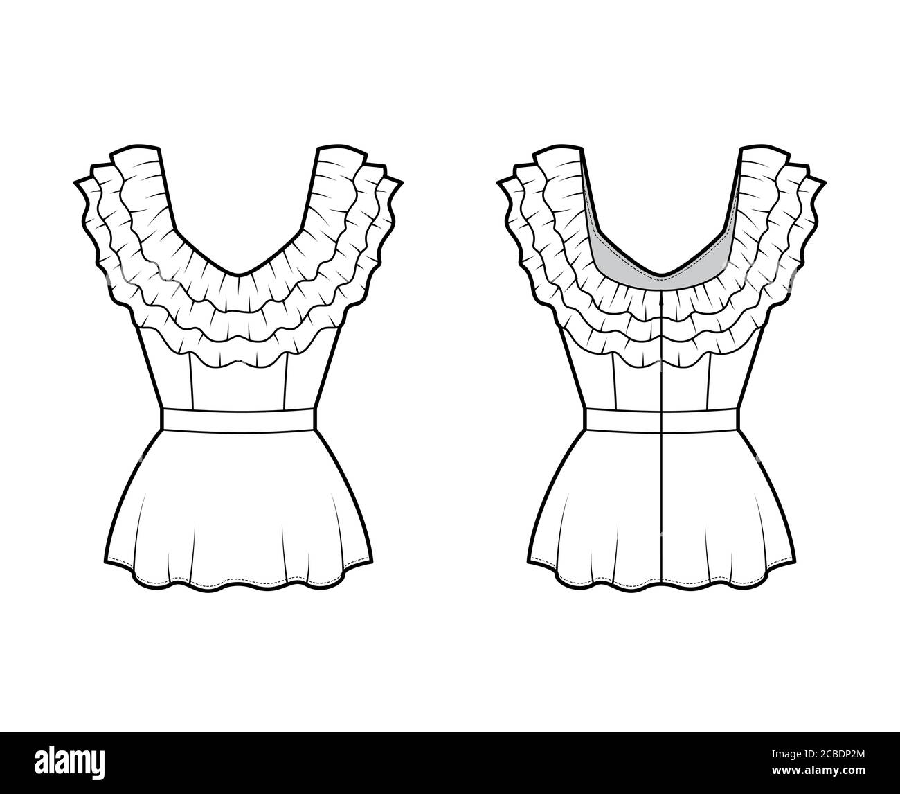 Peplum blouse technical fashion illustration with 3 layers of ruffles ...