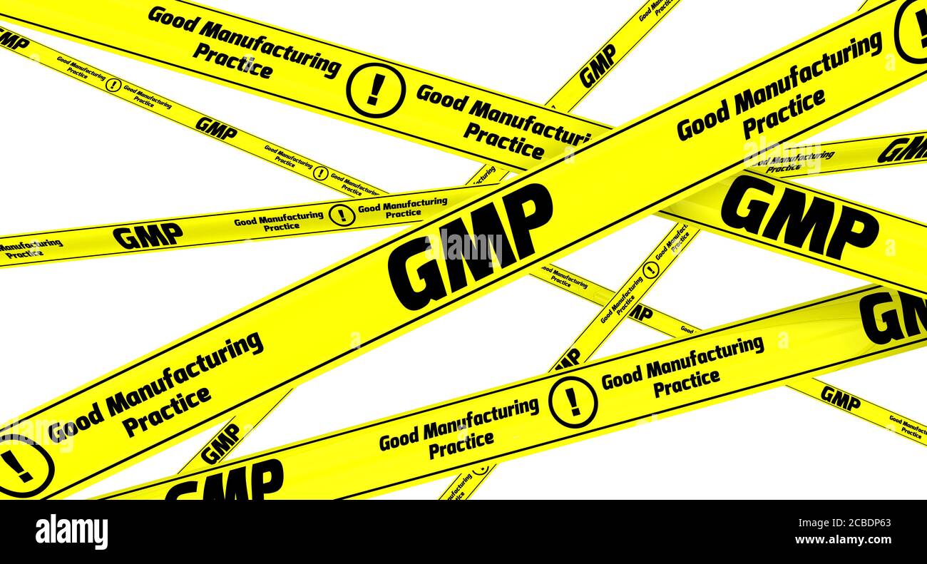 Yellow warning tapes with black text "GMP. Good Manufacturing Practice ...