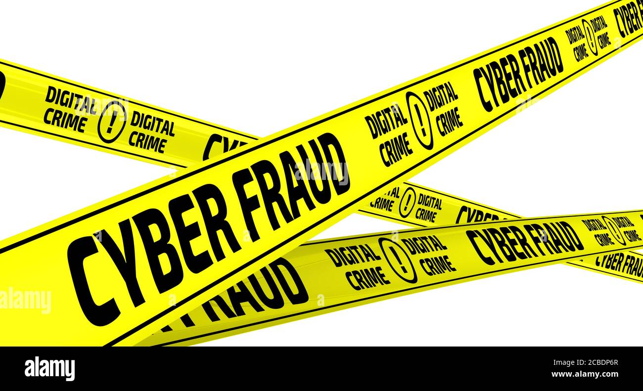 Yellow warning tapes with black text CYBER FRAUD. DIGITAL CRIME ...
