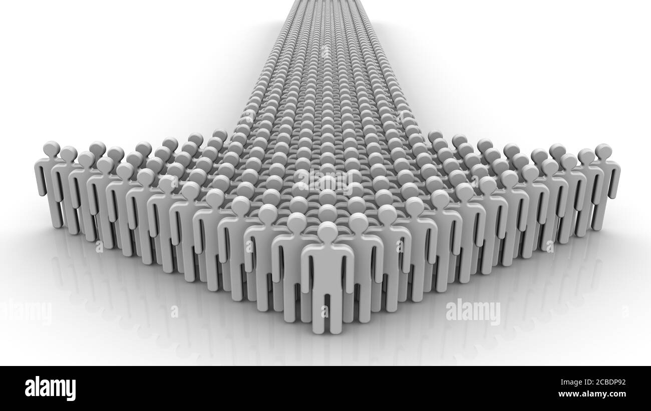 Symbols of people lined up in an arrow shape on a white surface. The ...