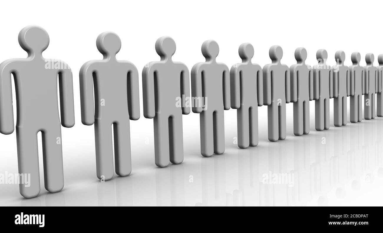 Symbols of people lined up in a row on a white surface. 3D illustration ...