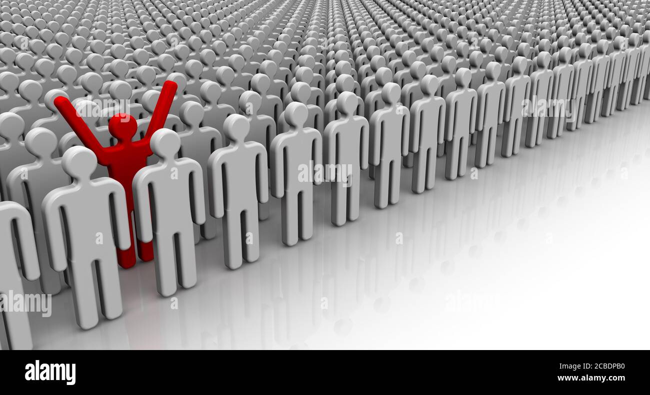 One of many. Symbols of people lined up in a order on a white surface ...