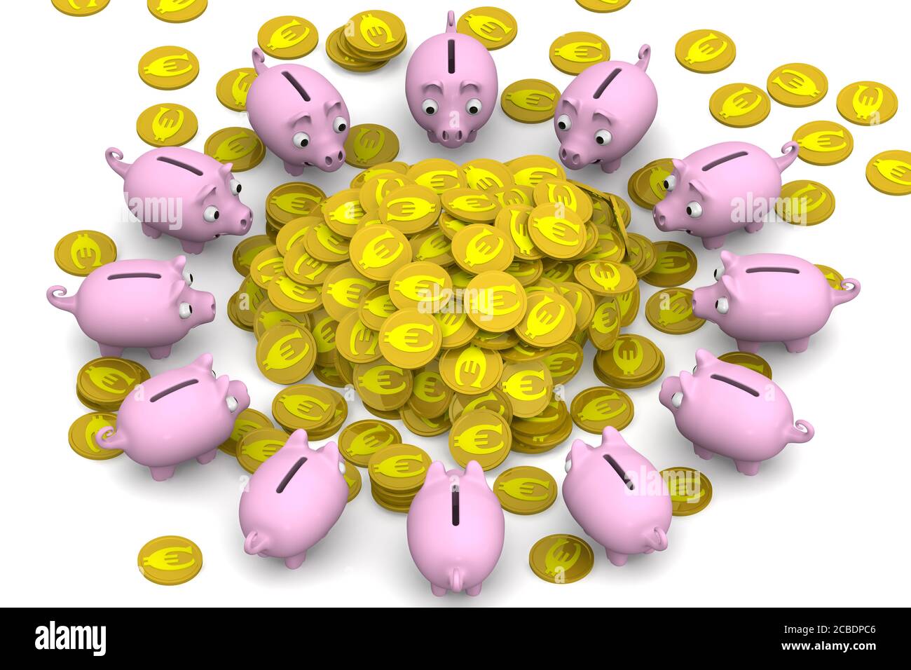 Financial success. Pink piggy banks surrounded the pile of gold coins ...