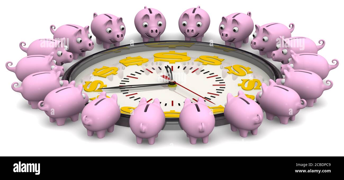 Time is money. Analog Clock with symbols of the US currency and piggy ...