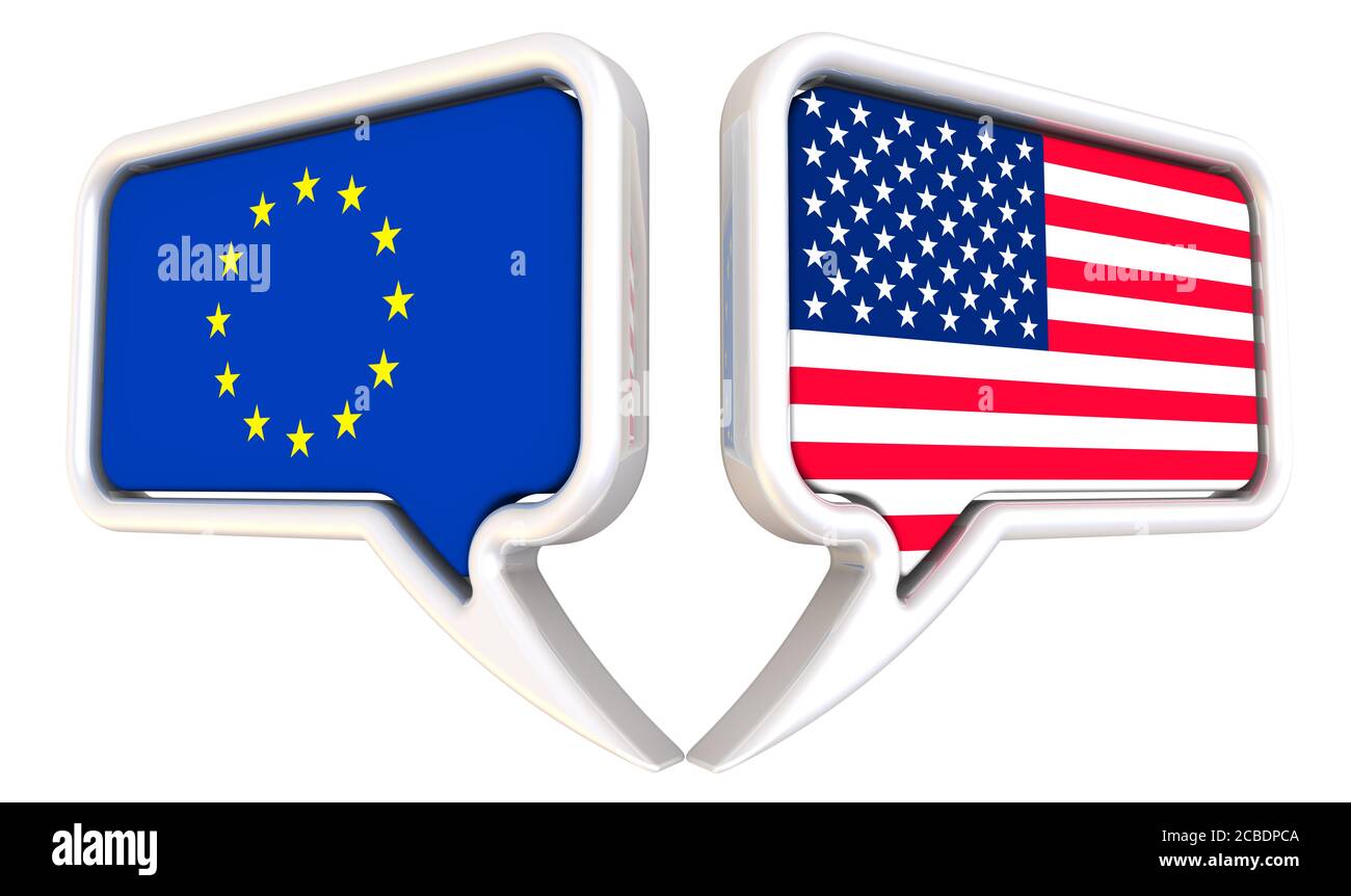 The dialog between the EU and the USA. Dialog clouds with flags of the ...