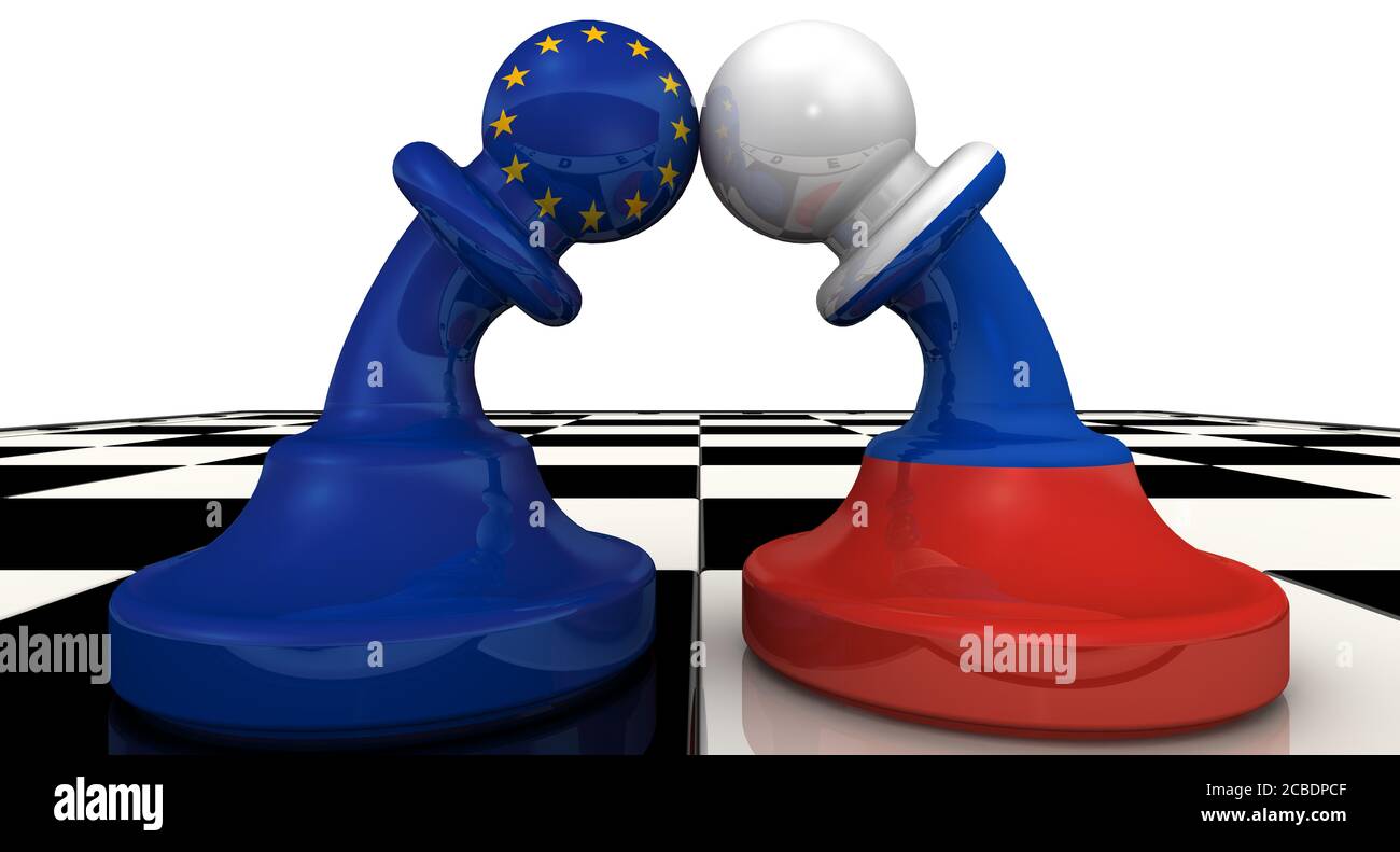 The confrontation between Russia and the EU. Chess pieces on the board ...