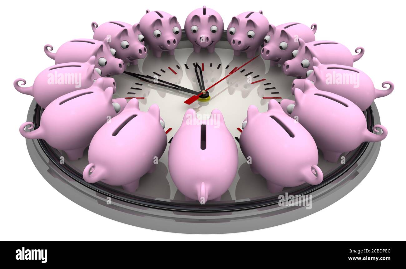 Time is money. Piggy banks located around the analog clock on a white ...