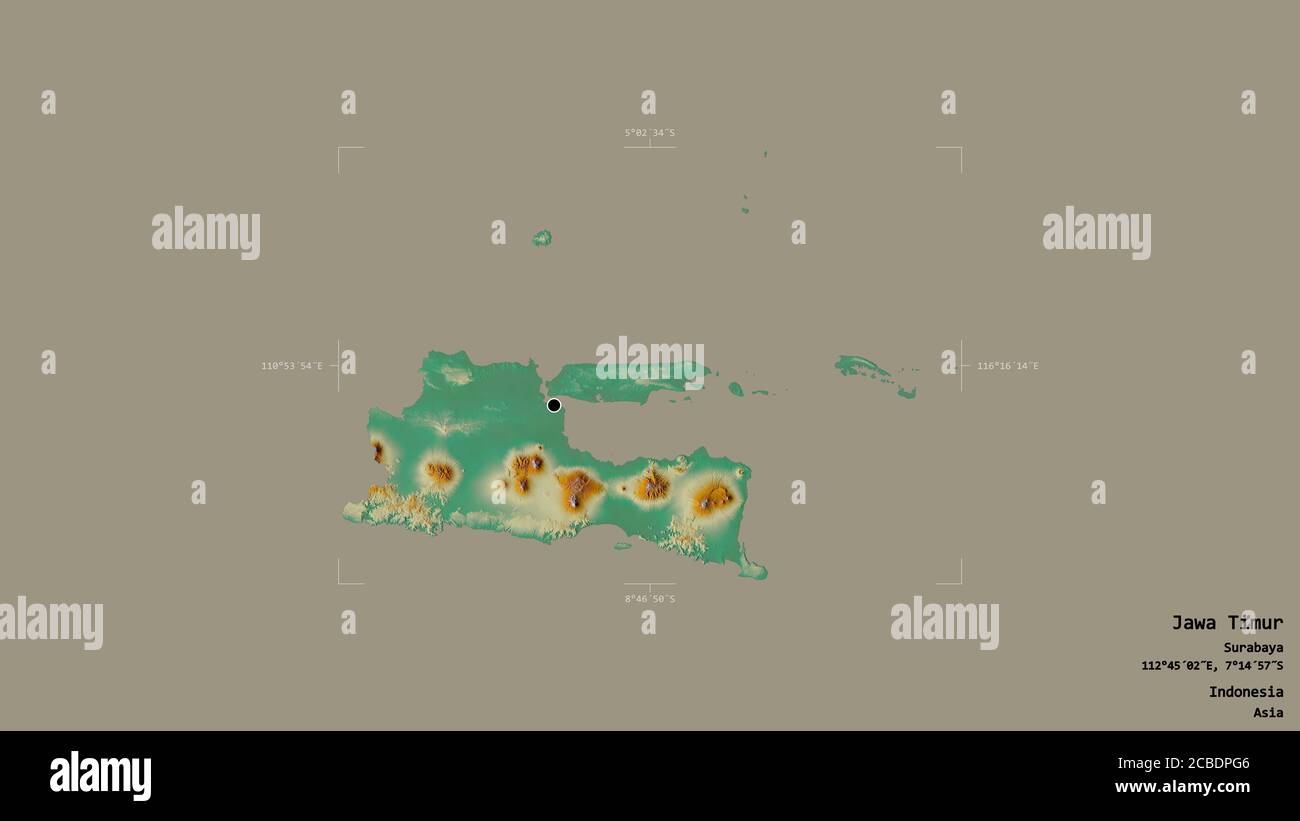 Area of Jawa Timur, province of Indonesia, isolated on a solid ...