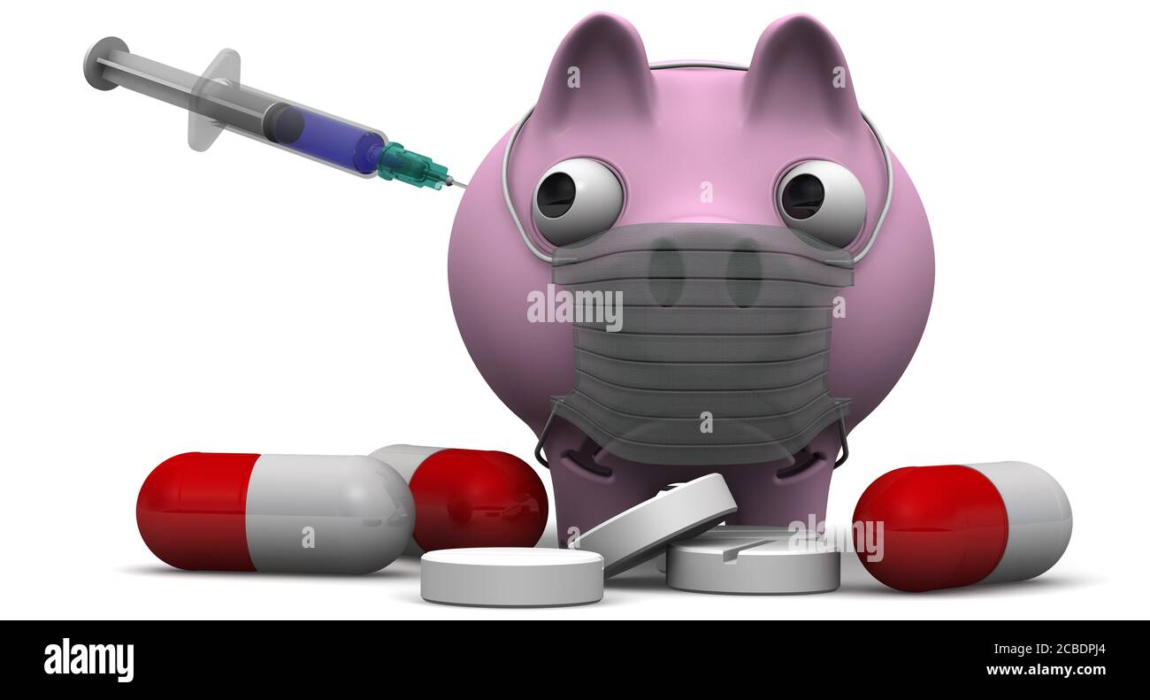 Sick pig with drugs. Sad pig with a medical mask on muzzle and ...