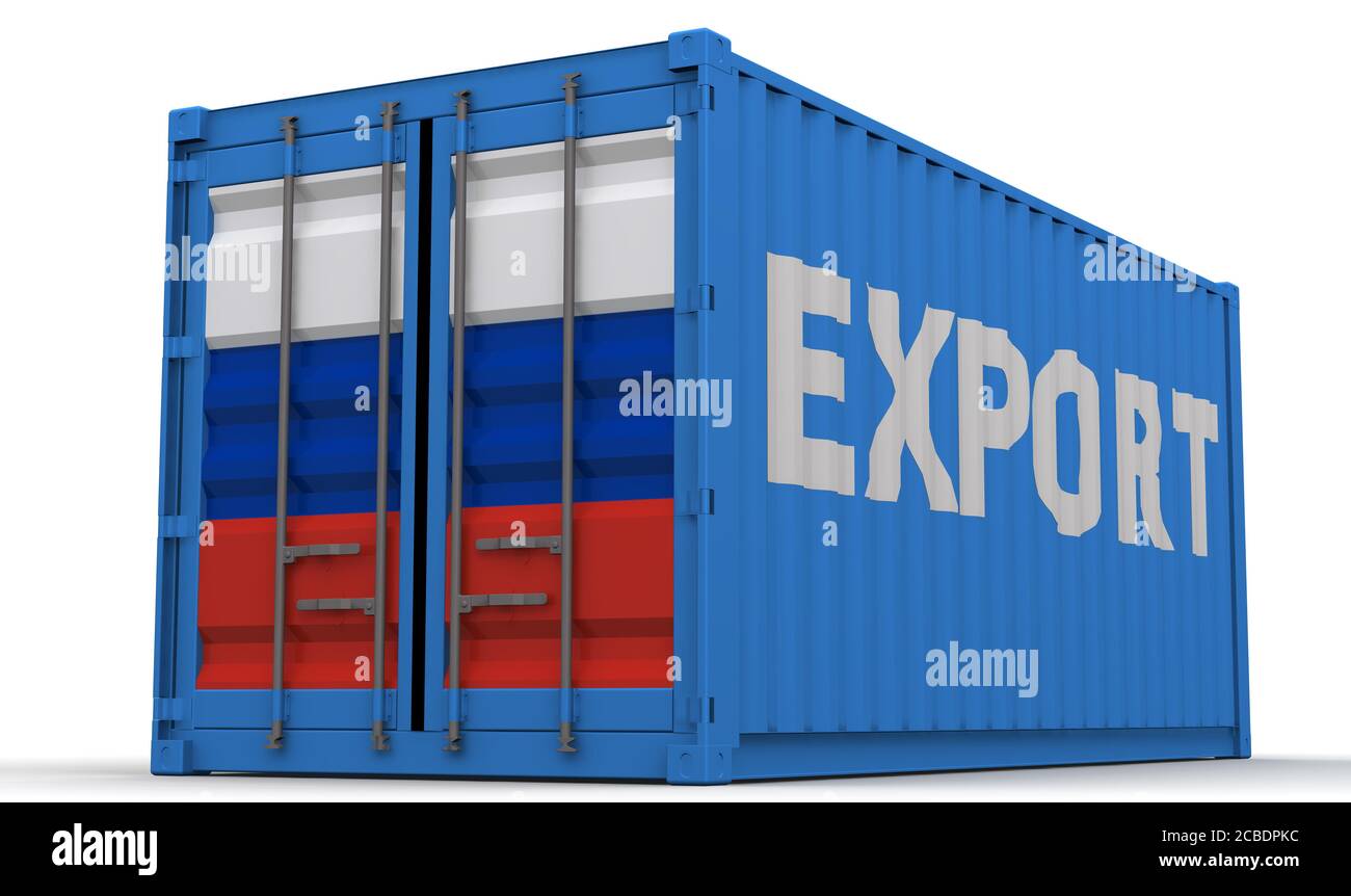 Exports of Russia. Freight container on a white surface with white word ...