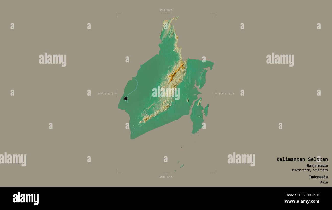 Area of Kalimantan Selatan, province of Indonesia, isolated on a solid ...