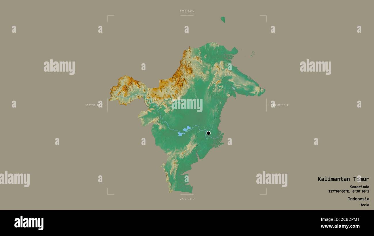 Area of Kalimantan Timur, province of Indonesia, isolated on a solid ...