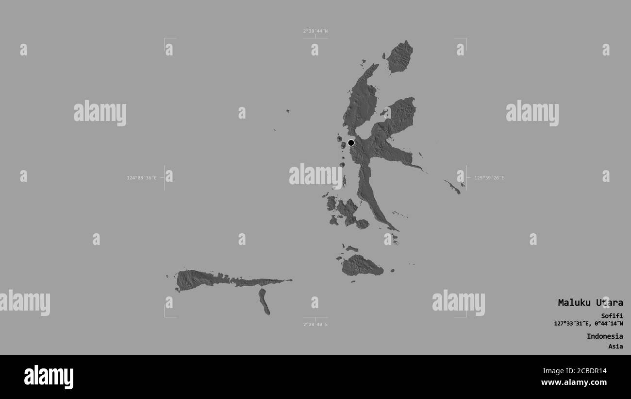 Area of Maluku Utara, province of Indonesia, isolated on a solid ...