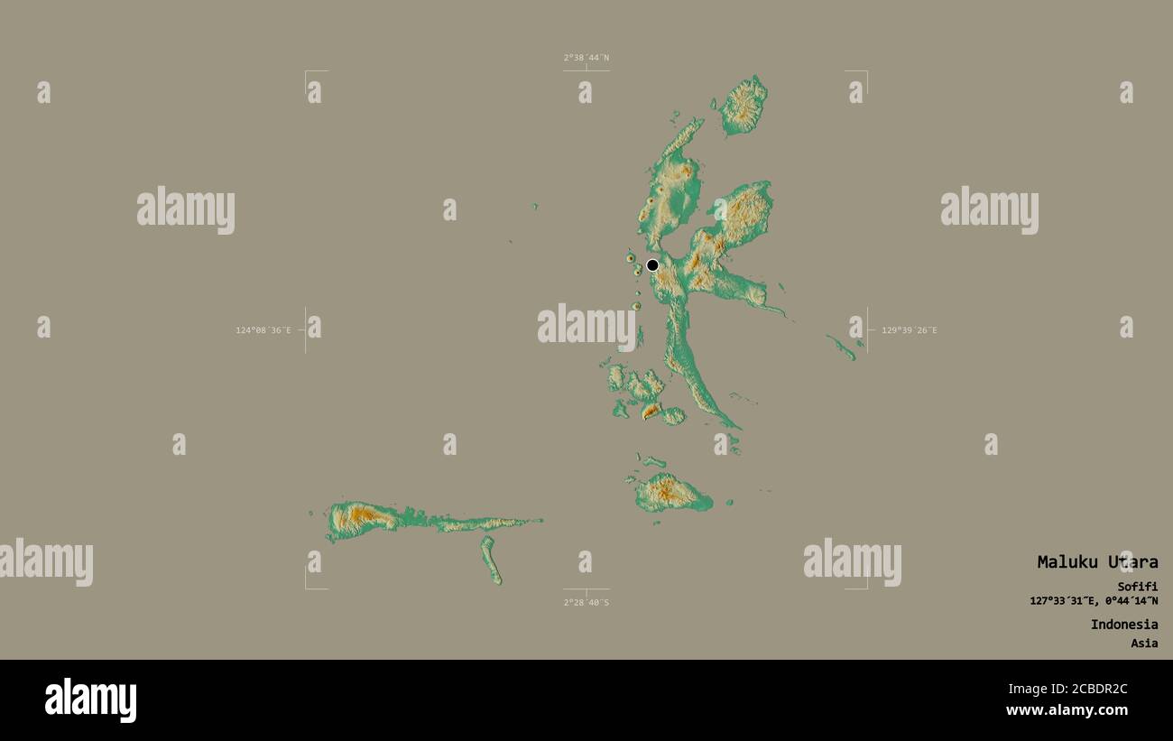 Area of Maluku Utara, province of Indonesia, isolated on a solid ...