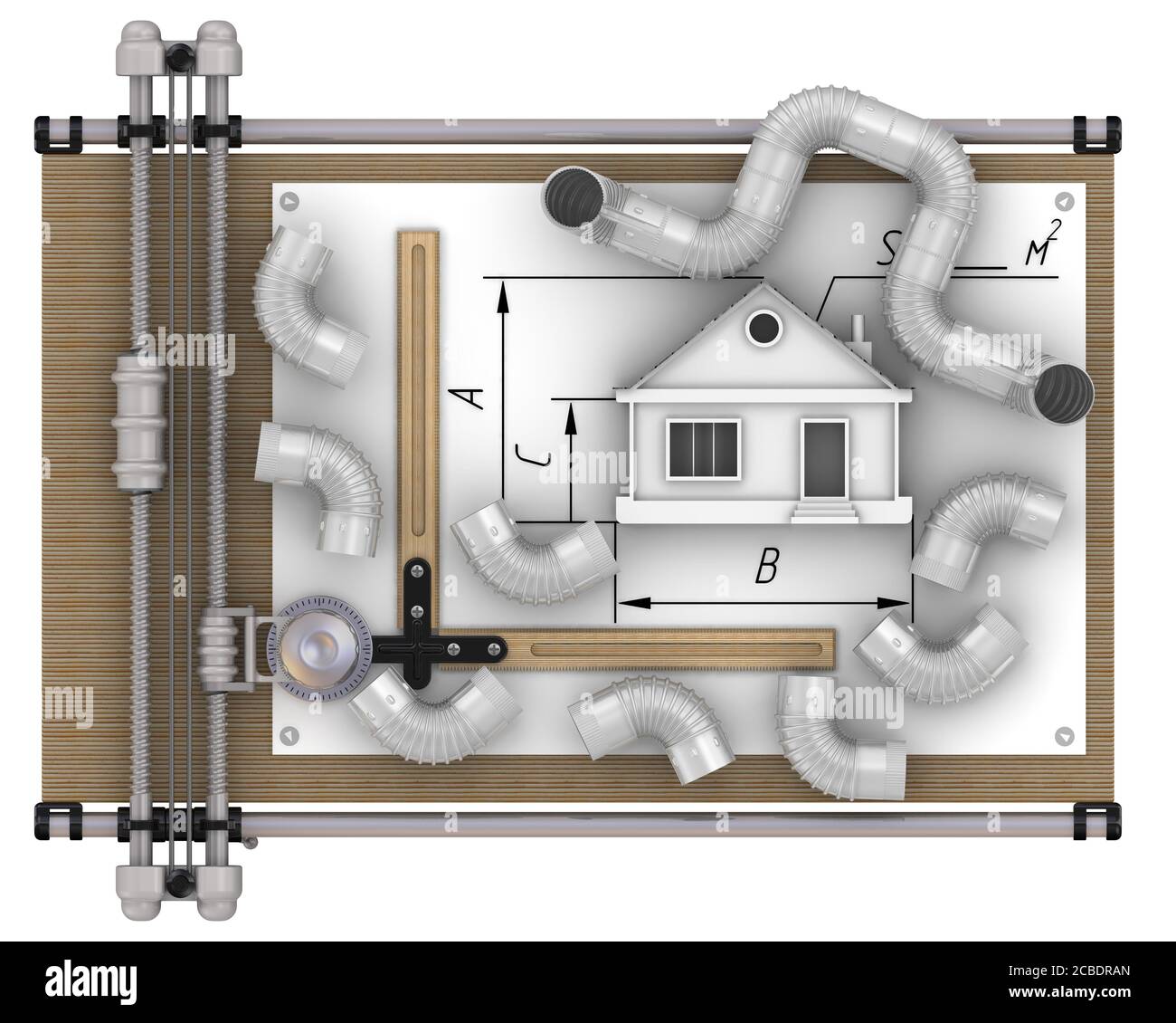 The drawing board, drawing of the house, and and ventilation pipes ...